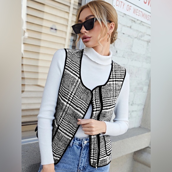 SHEIN | Jackets & Coats | Plaid Tweed Contrast Binding Vest Overcoat ...